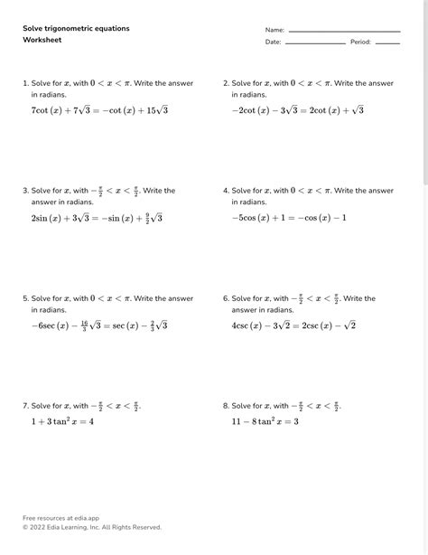 Trig Equations Worksheet – Free Printable Practice Sheets Pdf - SCIENCE ...