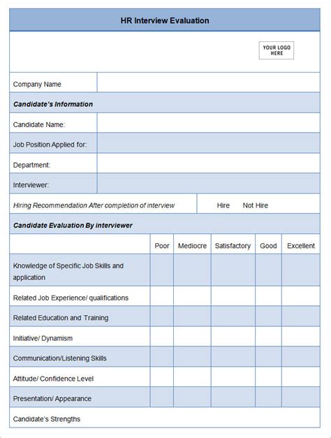 hr interview assessment form template