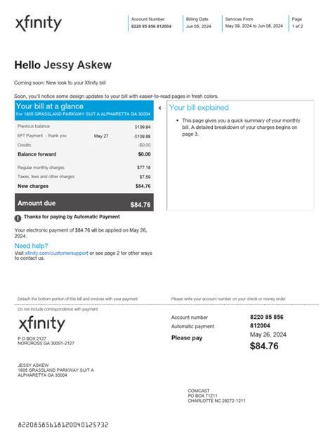 Example of Xfinity Business cost billing statement